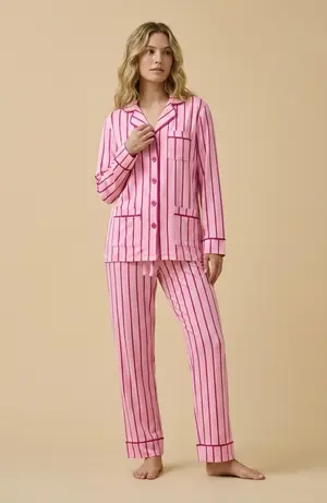 KIP Luxe Stretch Cotton Striped Pajama Set Raspberry