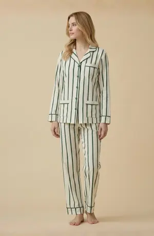 KIP Luxe Stretch Cotton Striped Pajama Set - Raspberry