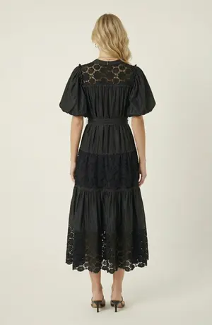 MODENAIRE V-neck Lace Paneling Midi Dress - Black