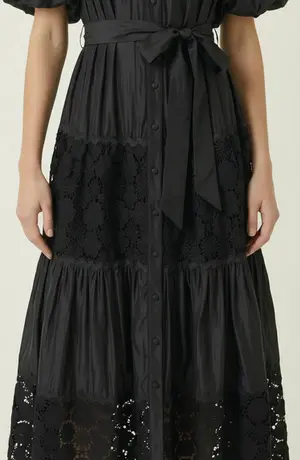MODENAIRE V-neck Lace Paneling Midi Dress - Black