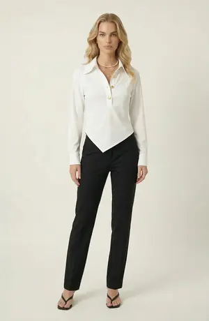 MODENAIRE Collared Button-front Blouse With Asymmetrical Hem