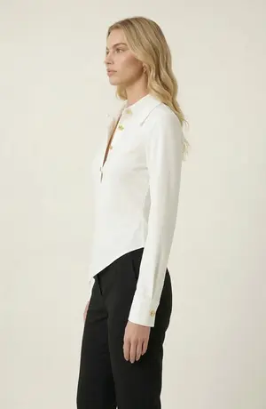 MODENAIRE Collared Button-front Blouse With Asymmetrical Hem