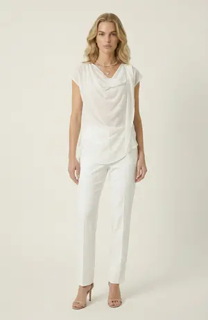 MODENAIRE Draped Cowl Neck Top With Asymmetrical Overlay