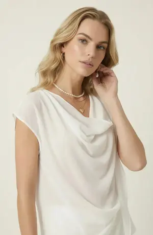 MODENAIRE Draped Cowl Neck Top With Asymmetrical Overlay