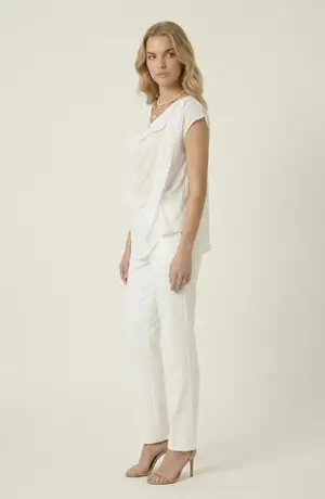 MODENAIRE Draped Cowl Neck Top With Asymmetrical Overlay