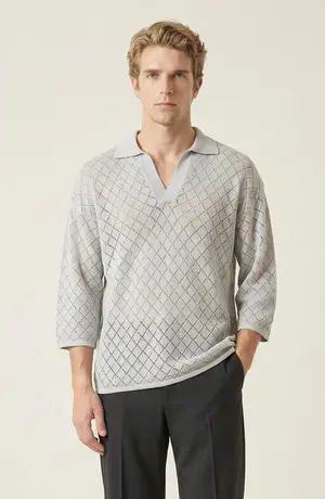 MODENAIRE Textured Open Collar Knit Polo Top - Light Grey