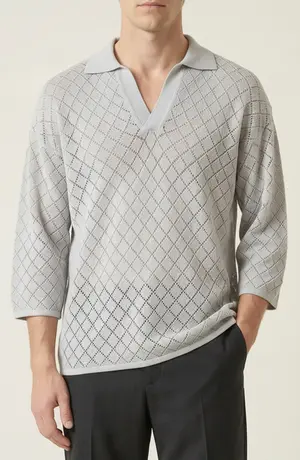 MODENAIRE Textured Open Collar Knit Polo Top - Light Grey
