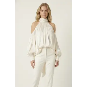 MODENAIRE High Neck Cold Shoulder Satin Blouse