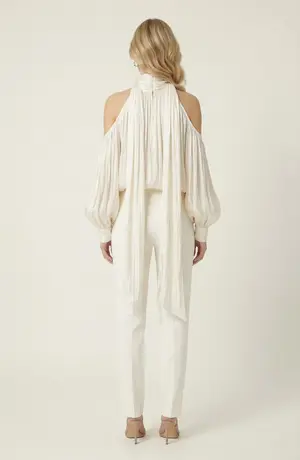 MODENAIRE High Neck Cold Shoulder Satin Blouse
