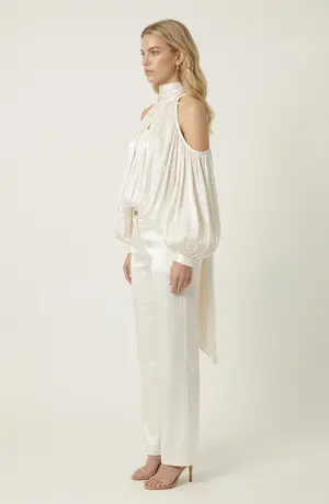 MODENAIRE High Neck Cold Shoulder Satin Blouse