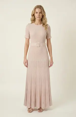 MODENAIRE Ribbed Knit Belted Waist Pleated Midi Dress - Beige
