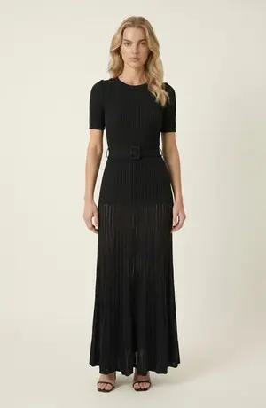 MODENAIRE Ribbed Knit Belted Waist Pleated Midi Dress - Black