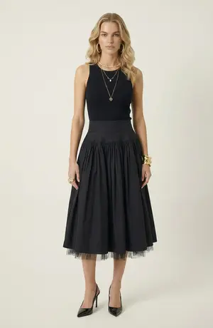 MODENAIRE High Waist Midi Skirt With Tulle Hem