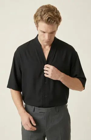 MODENAIRE Band Collar Cotton Shirt