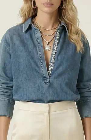 MODENAIRE Denim Popover Top - Medium Wash Blue
