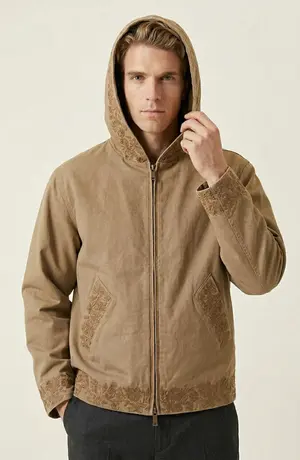 MODENAIRE Embroidered Trim Hooded Jacket Tan