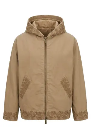 MODENAIRE Embroidered Trim Hooded Jacket - Tan