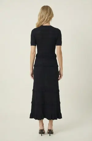 MODENAIRE Textured Knit Midi Dress With Ruffle Trim