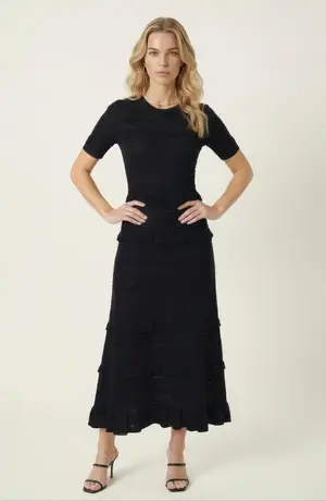 MODENAIRE Textured Knit Midi Dress With Ruffle Trim