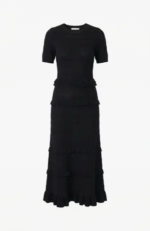 MODENAIRE Textured Knit Midi Dress With Ruffle Trim - Black