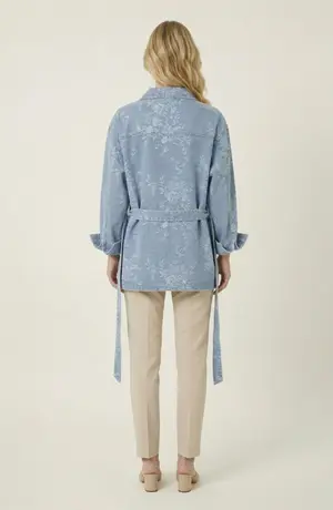 MODENAIRE Floral Jacquard Denim Jacket - Light Blue