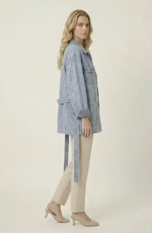 MODENAIRE Floral Jacquard Denim Jacket - Light Blue
