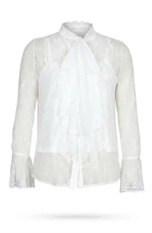 MODENAIRE Sheer Lace Bow-tie Ruffle Blouse