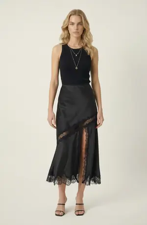 MODENAIRE Lace Trim Asymmetric Satin Midi Skirt - Black