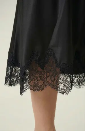 MODENAIRE Lace Trim Asymmetric Satin Midi Skirt - Black