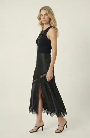 MODENAIRE Lace Trim Asymmetric Satin Midi Skirt - Black