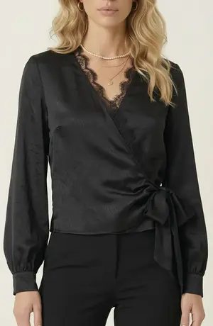 MODENAIRE Lace Trim Wrap Blouse - Black