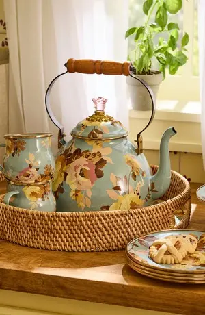 MACKENZIE-CHILDS Wild Rose Slate Enameled Steel 3-quart Tea Kettle - Blue