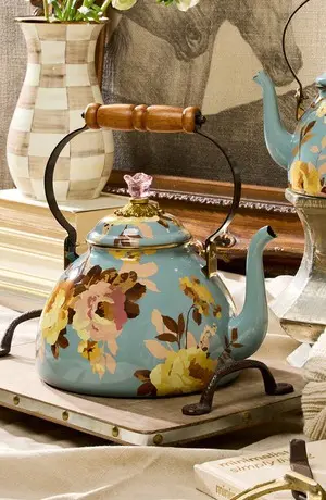 MACKENZIE-CHILDS Wild Rose Slate Enameled Steel 3-quart Tea Kettle - Blue