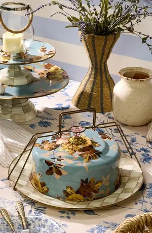 MACKENZIE-CHILDS Wild Rose Slate Enameled Steel Cake Carrier - Blue