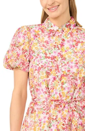 CECE DUPRAZ Floral Print Tie Waist Mini Shirt Dress - New Ivory