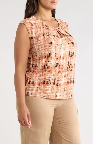 KASPER Abstract Print Keyhole Sleeveless Top - Mandarin Multi