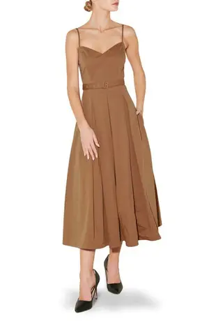 FREEMARKET Sweetheart Neck A-line Midi Dress - Brown