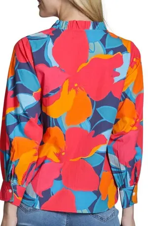 APNY Floral Print Split Neck Top