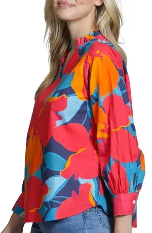 APNY Floral Print Split Neck Top