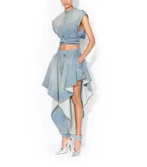 Alaïa Denim Belted Crop Top - Blue