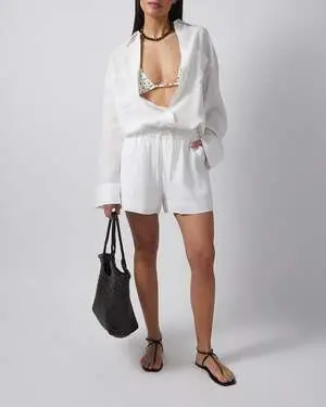 WAKAKUU Oversized Cotton Shirt With Classic Collar And Chest Pockets - White