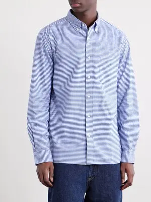 BEAMS Button-down Collar Checked Cotton Shirt - Blue