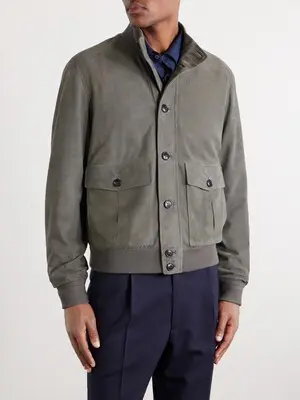 Zegna Ribbed Suede Bomber Jacket - Gray