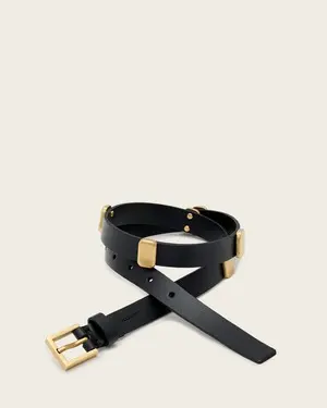 ALLSAINTS Esta Skinny Leather Belt With Engraved Logo Buckle - Black