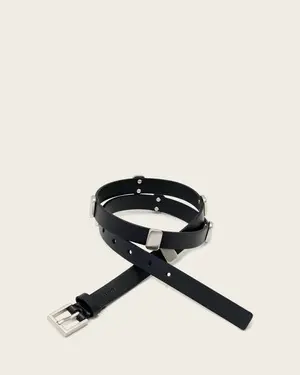 ALLSAINTS Esta Skinny Leather Belt With Engraved Logo Buckle - Black/silver