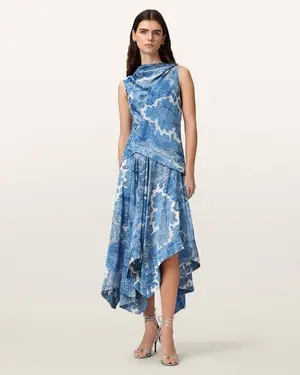 ALLSAINTS Prue Draped Asymmetric Midi Dress - Blue