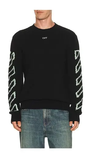 Off-White Fuzzy Knit Crew Neck Sweater With Embroidered Detail - Black