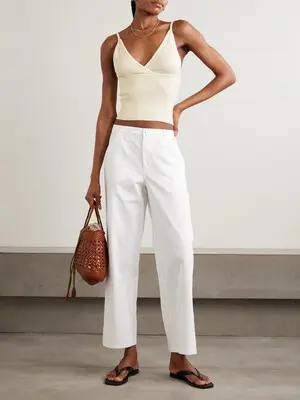 DEIJI STUDIOS Cross Panel Ribbed Linen Cropped Top - Neutrals