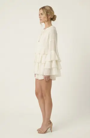MODENAIRE Ruffle Tier Mini Skirt Set With Long Sleeve Blouse - Ivory