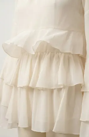 MODENAIRE Ruffle Tier Mini Skirt Set With Long Sleeve Blouse - Ivory